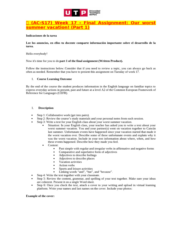 ? (AC-S17) Week 17 - Final Assignment Our Worst Summer Vacation! (Part 1) - Ingles 3 | PDF ...
