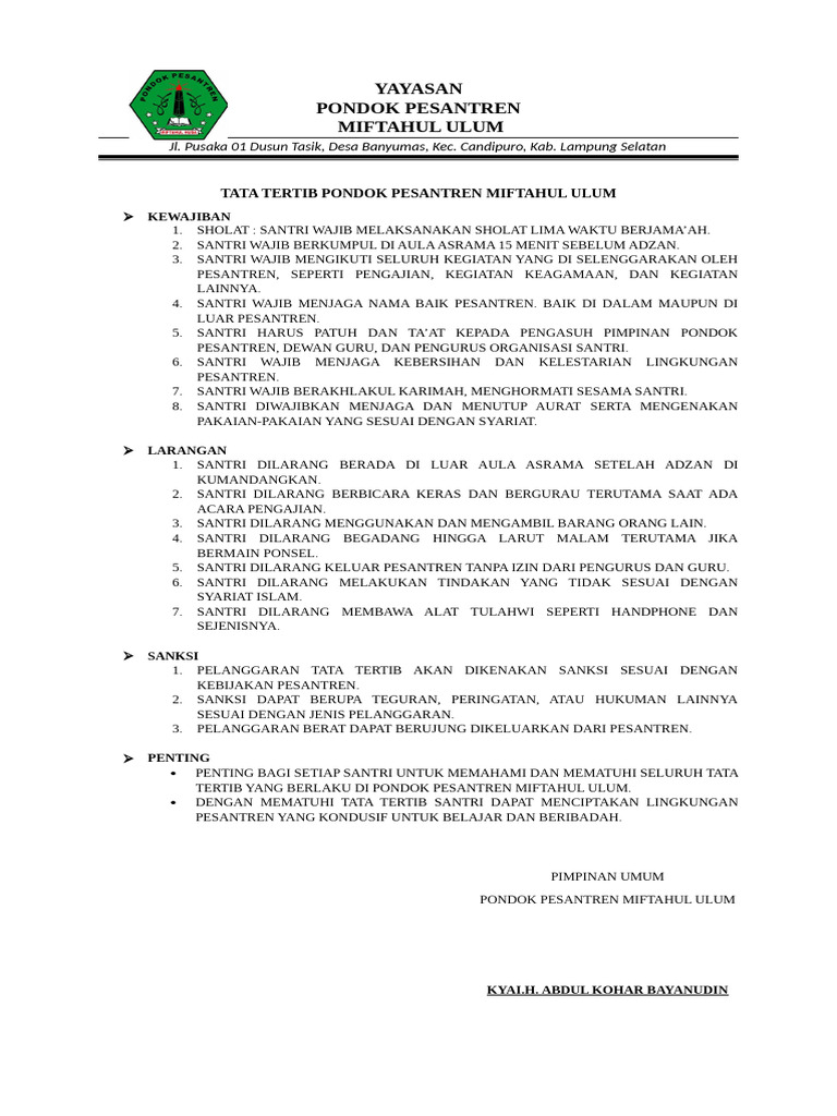 Tata Tertib Pesantren Miftahul Ulum | PDF