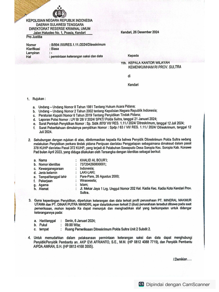 Permintaan Keterangan Saksi Dan Data | PDF