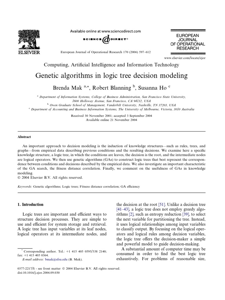 Genetic Algorithms in Logic Tree Decision Modeling: Brenda Mak, Robert Blanning, Susanna Ho ...