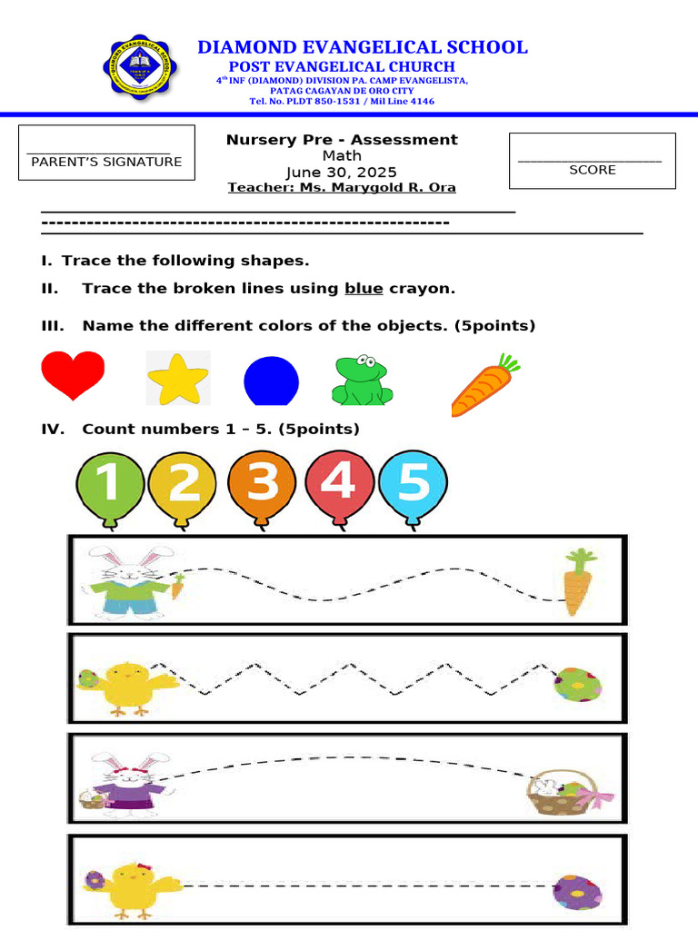 Assessment Exam Nursery &kinder1 | PDF | Geometric Objects | Geometric ...