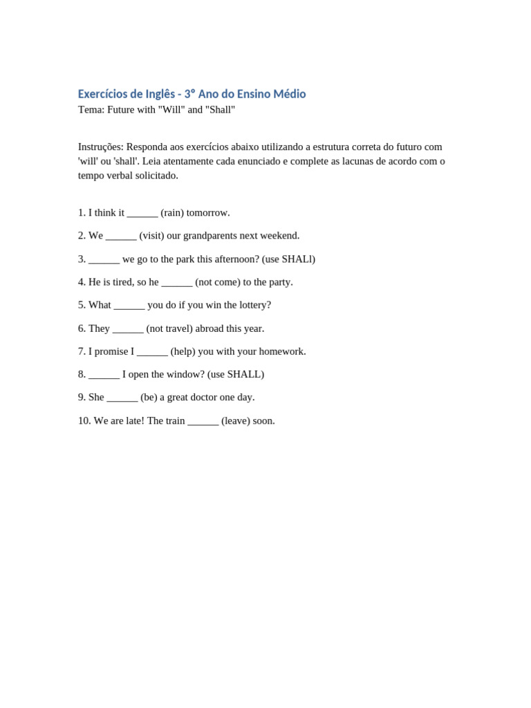 Future Tense: Will vs. Shall Exercises | PDF
