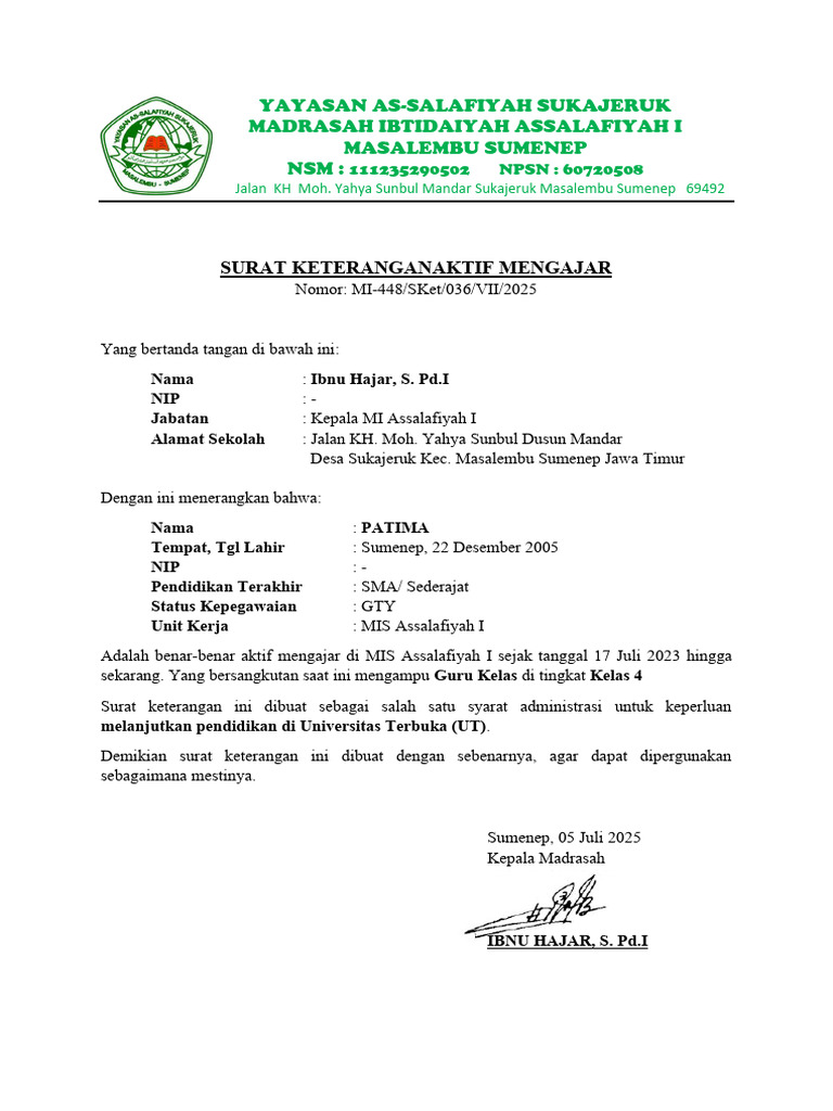 Surat Keterangan Aktif Mengajar Patima | PDF