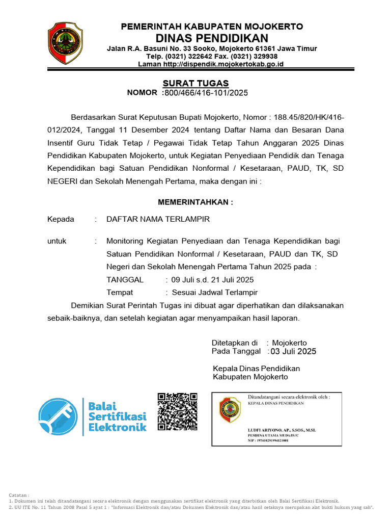 Surat Tugas Monef GTT Dan PTT Tahun 2025 TTD New | PDF