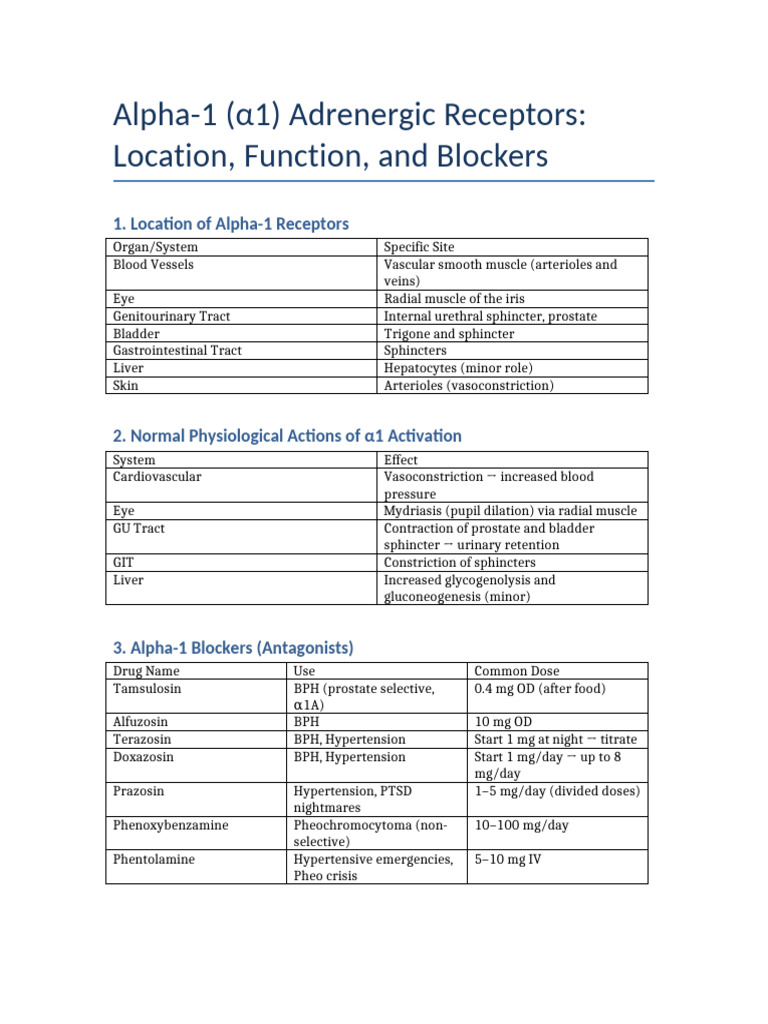 Alpha1 Receptor Location Function Blockers | PDF | Cardiovascular ...