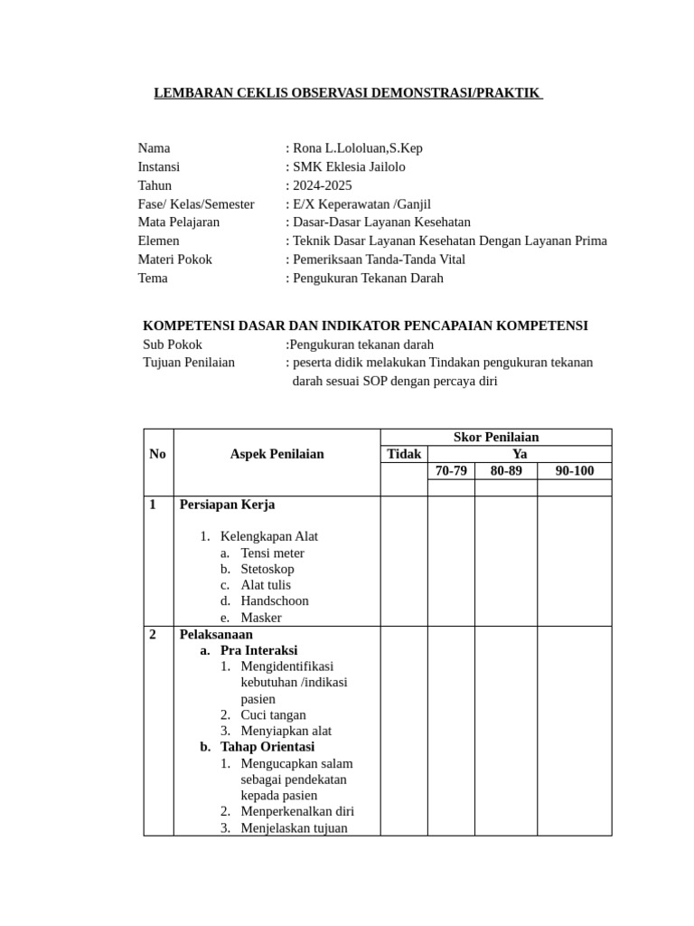 Ceklis Praktik Pengukuran Tekanan Darah | PDF