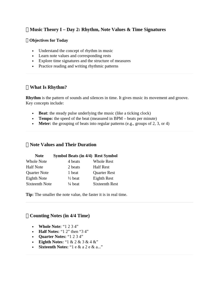 Music Theory I - Day 2 Rhythm, Note Values & Time Signatures | PDF ...