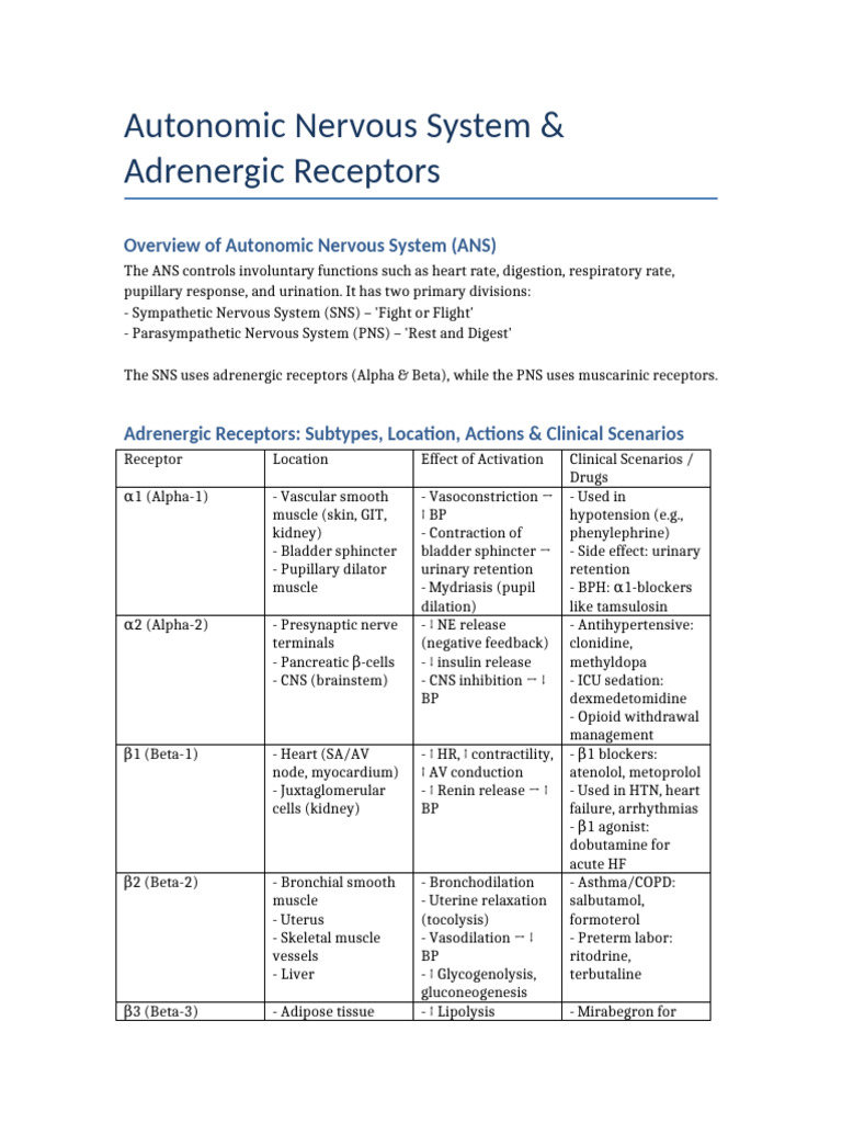 Autonomic Nervous System Receptors | PDF | Autonomic Nervous System ...