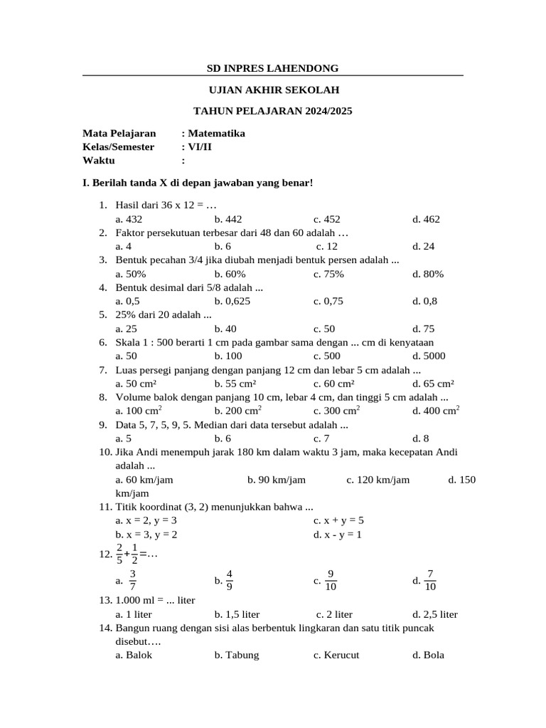 Uas Matematika Kelas 6 | PDF