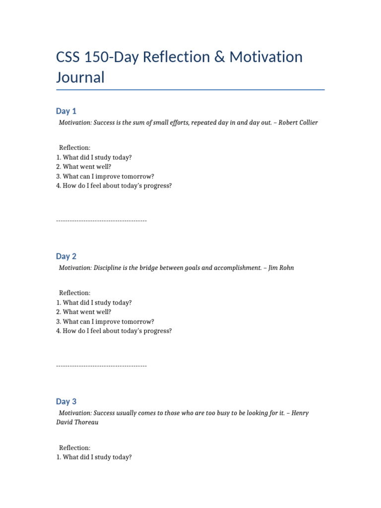 CSS 150 Day Motivation Reflection Journal | PDF