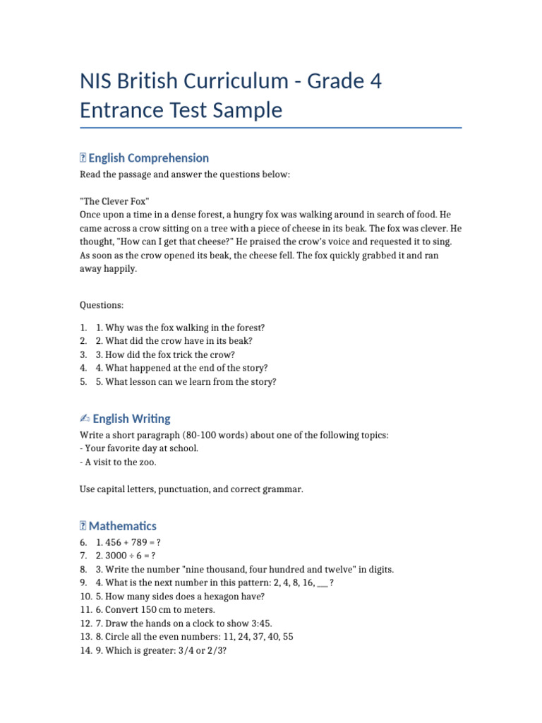 NIS Grade4 Entrance Test Sample | PDF