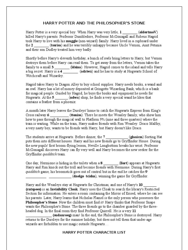 Harry Potter Philosophers Reading Comprehension | PDF | Fantasy Worlds ...