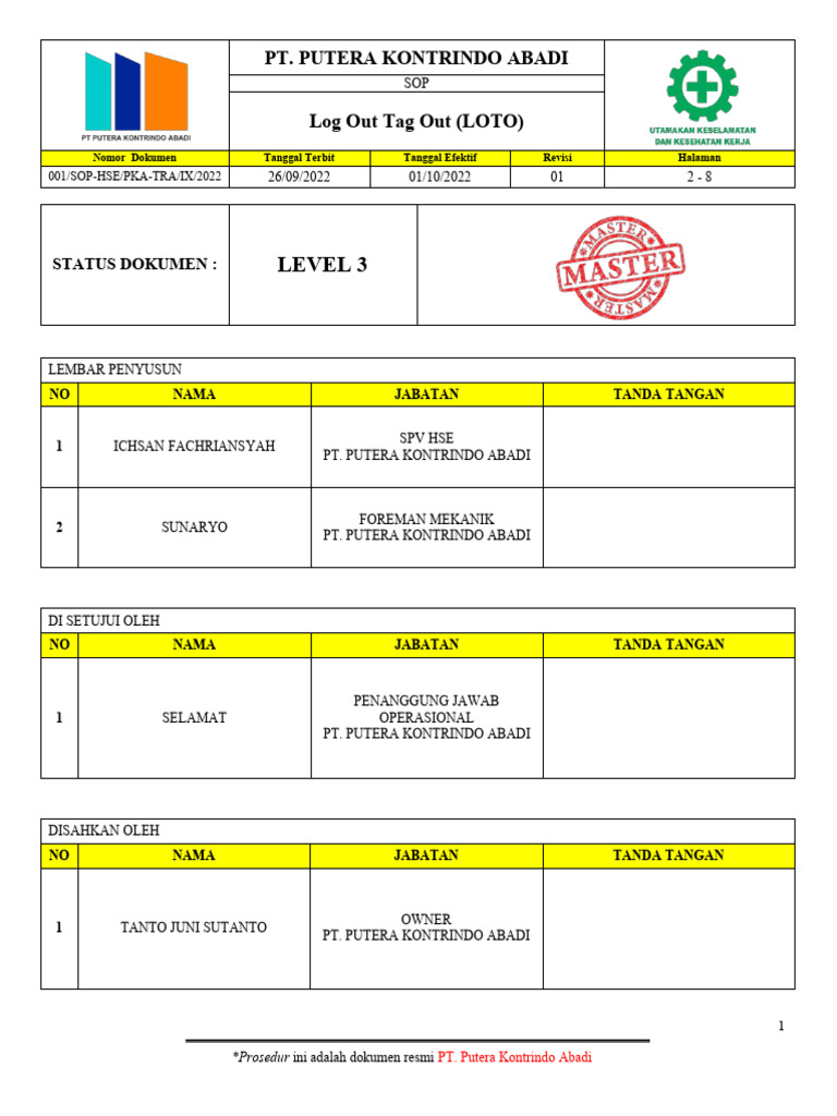 001 Sop Hse Pka Tra Ix 2022 Sop Lock Out Tag Out (Loto) | PDF
