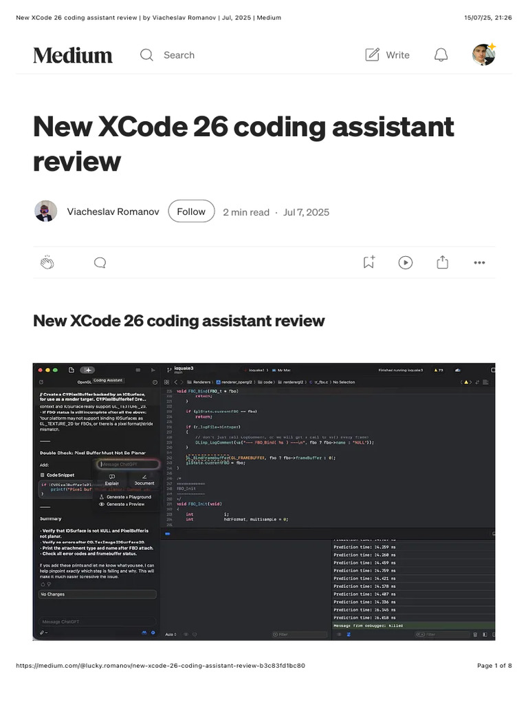 New XCode 26 Coding Assistant Review - by Viacheslav Romanov - Jul, 2025 - Medium | PDF | Xcode ...