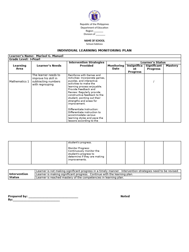 Individual Learning Monitoring Plan | PDF | Differentiated Instruction | Learning