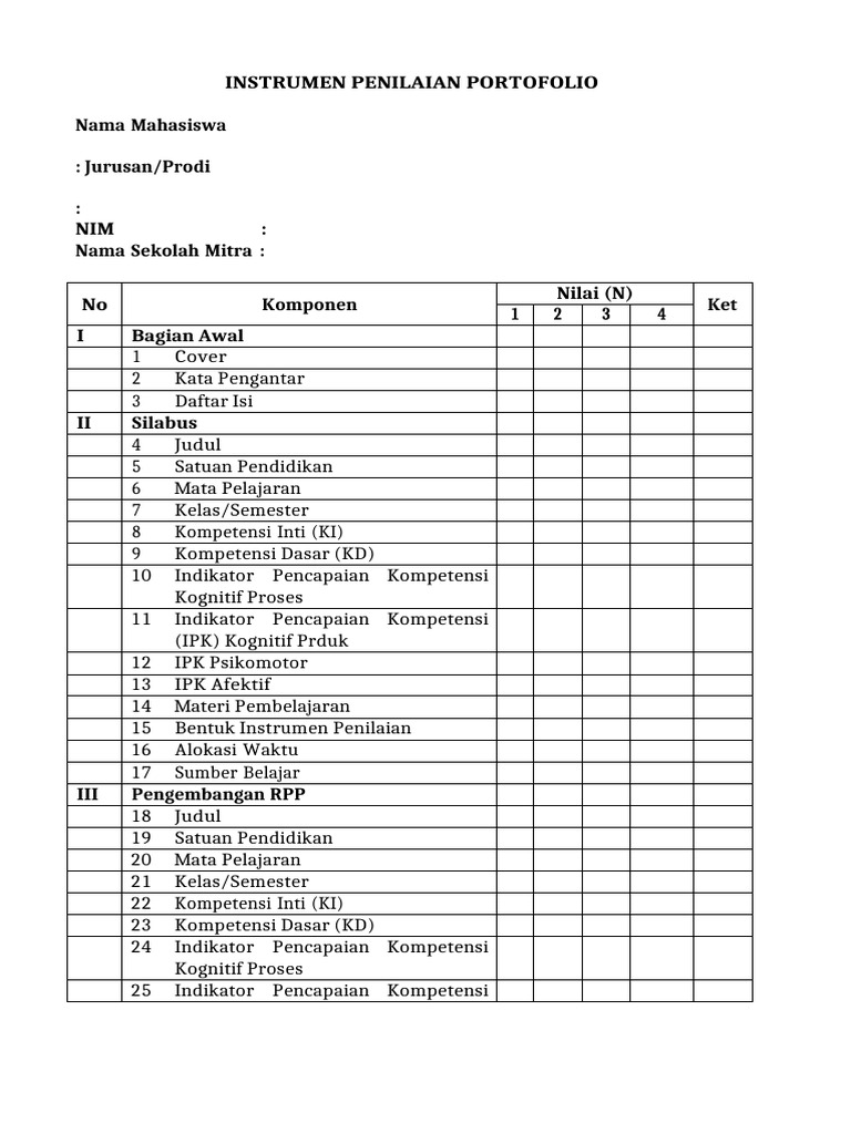 Contoh Instrumen Penilaian Portofolio | PDF