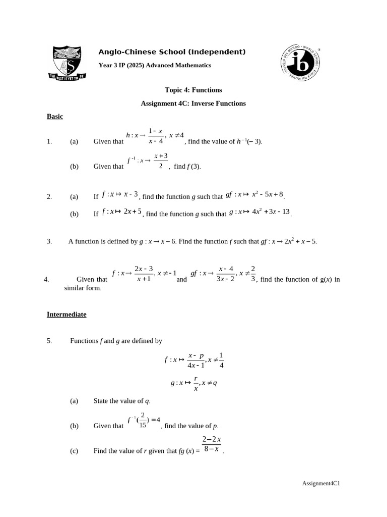 Topic 4 Assignment 4C - Inverse Functions | PDF | Function (Mathematics) | Functions And Mappings
