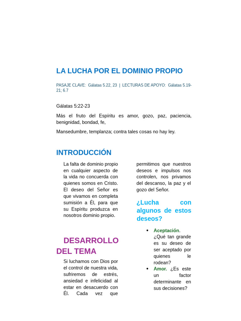 La Lucha por el Dominio Propio | PDF | Fruto Del Espiritu Santo ...