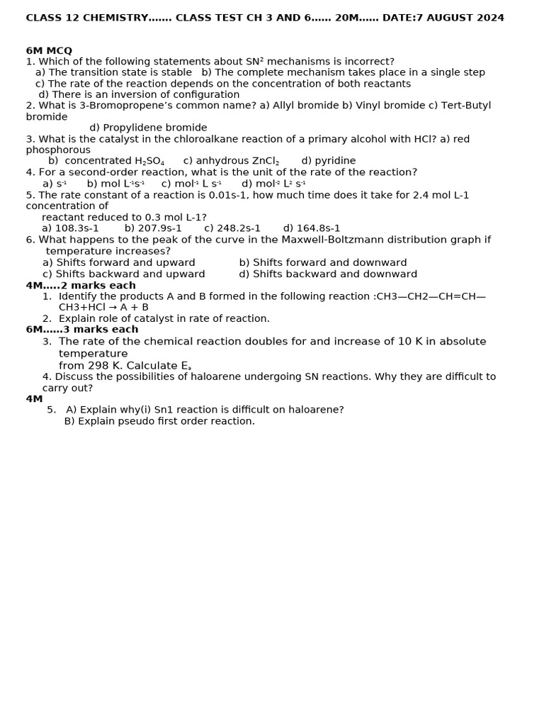 CH 3 and 6 Class Test Class 12 | PDF