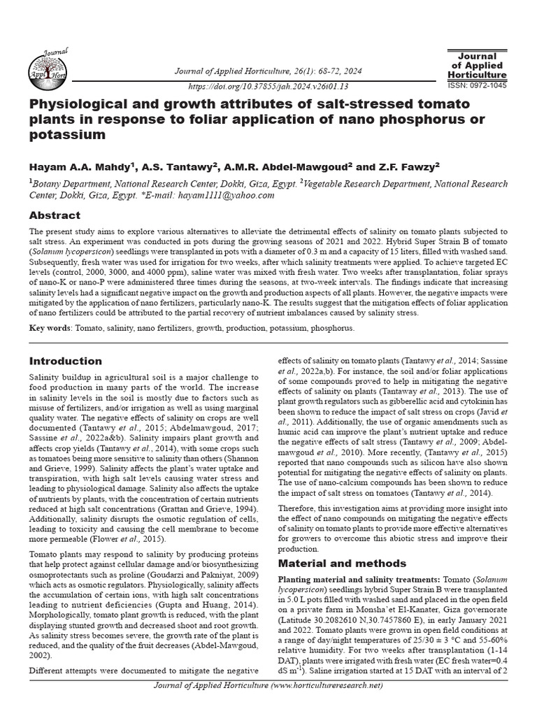 Physiological and Growth Attributes of Salt-Stressed Tomato | PDF ...