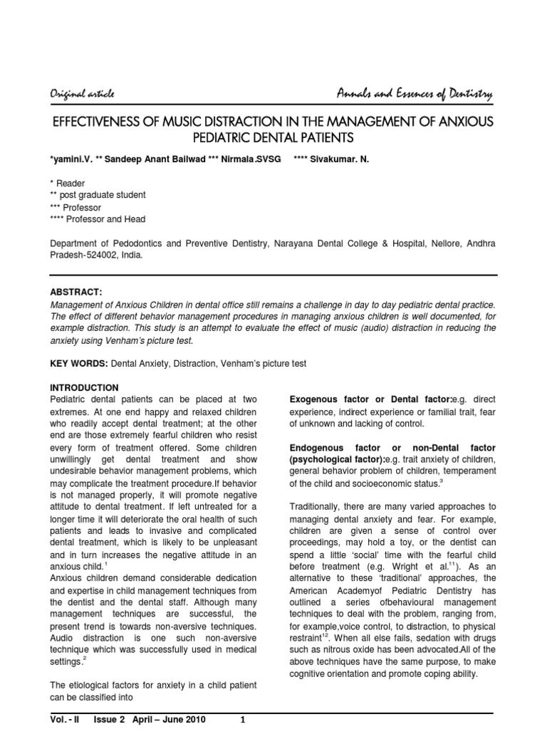 Music Distraction for Pediatric Dental Anxiety | PDF