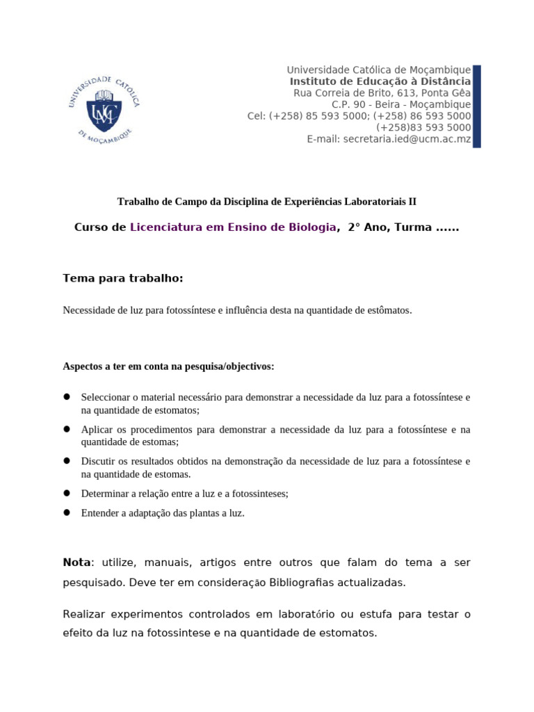 Proposta de Tema para Trabalho 2025 | PDF | Estoma