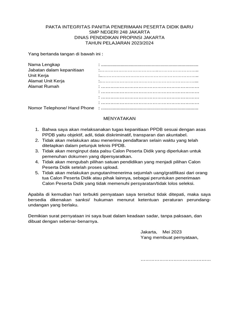 Pakta Integritas Panitia Penerimaan Peserta Didik Baru | PDF