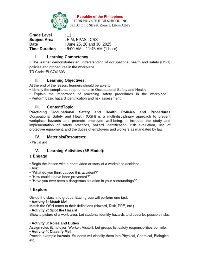 Occupational Safety and Health Lesson Plan | PDF | Occupational Safety ...