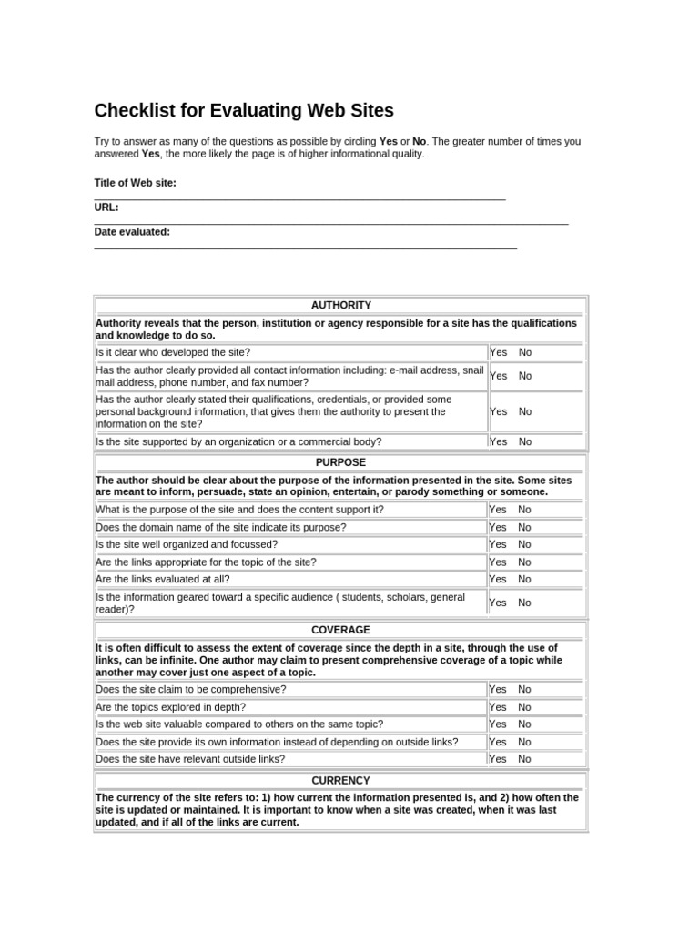 Checklist For Evaluating Web Sites | PDF | Communication | Human ...