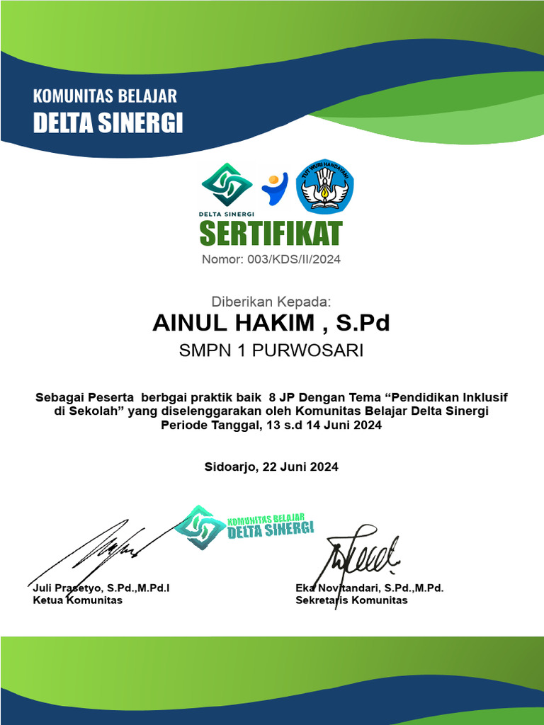 Sertifikat Berbagi Praktik Baik Pendidikan Inklusif Di Sekolah | PDF