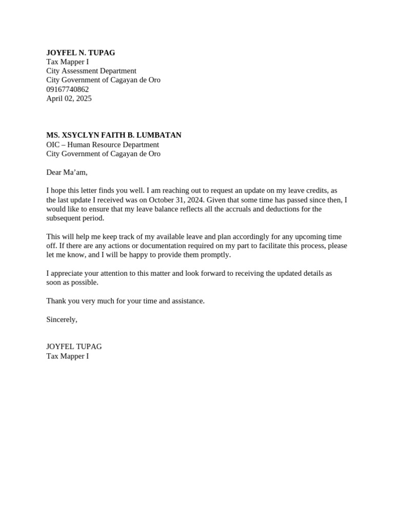 Letter Request For Update of Leave Credits | PDF
