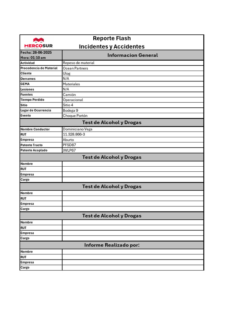 Reporte Flash Incidente Choque Estructura Porton Bodega 09 Sitio 04 | PDF