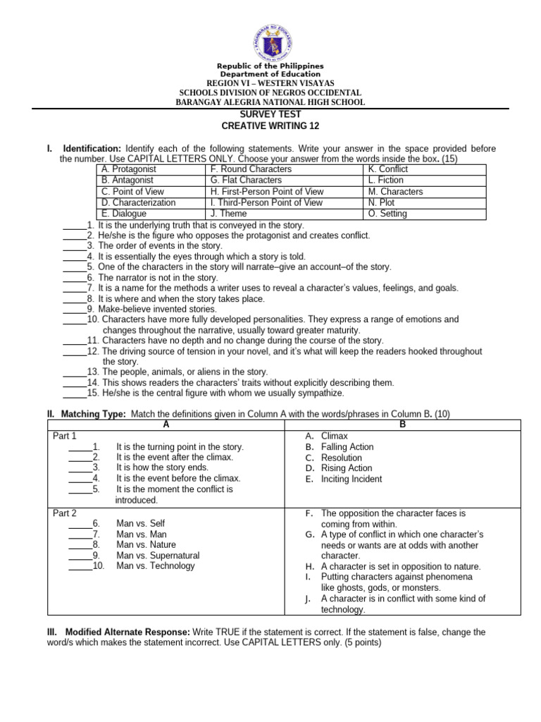 Creative Writing Survey Test Guide | PDF | Narration