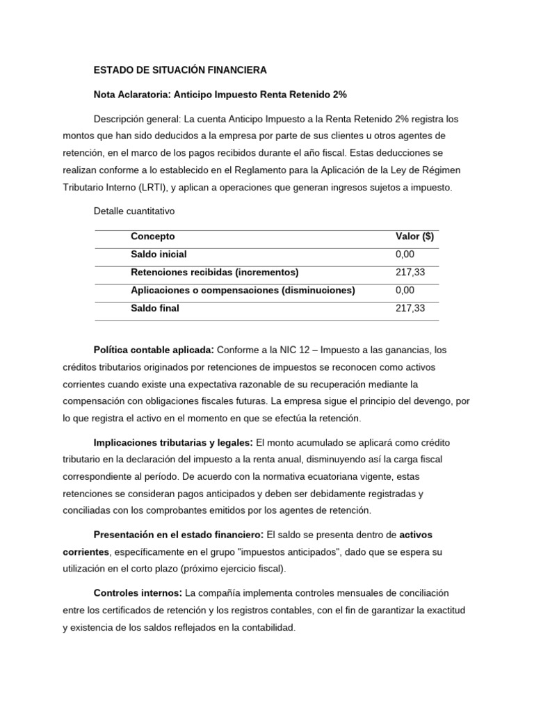 Notas Aclaratorias Esf y Ecp | PDF | Contabilidad | Impuestos