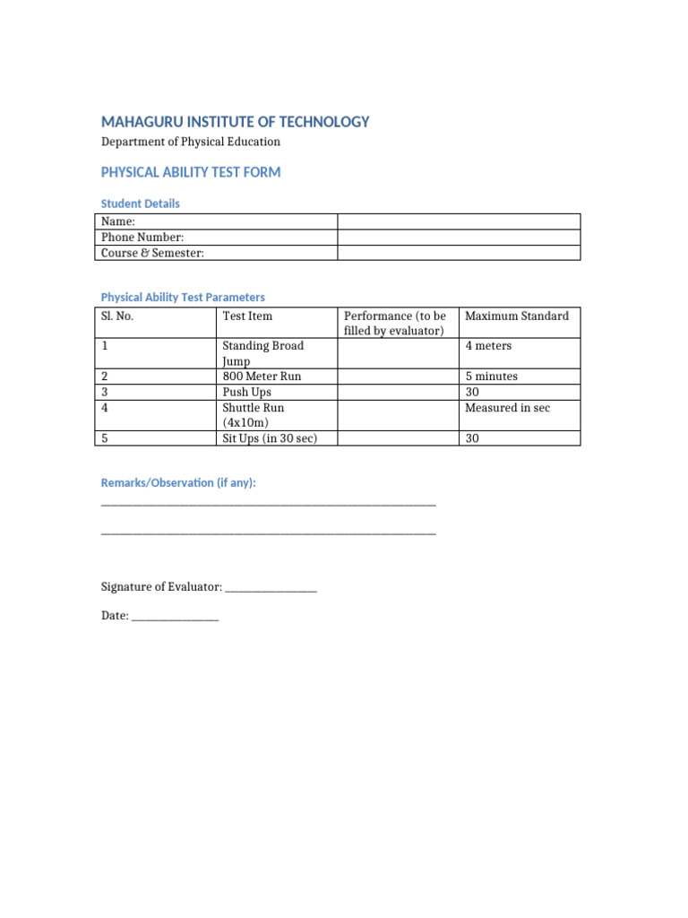 Physical Ability Test Form MIT | PDF