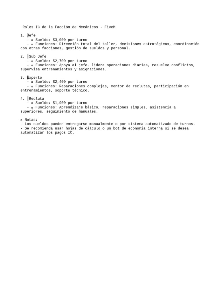 Roles IC Mecanicos FiveM | PDF