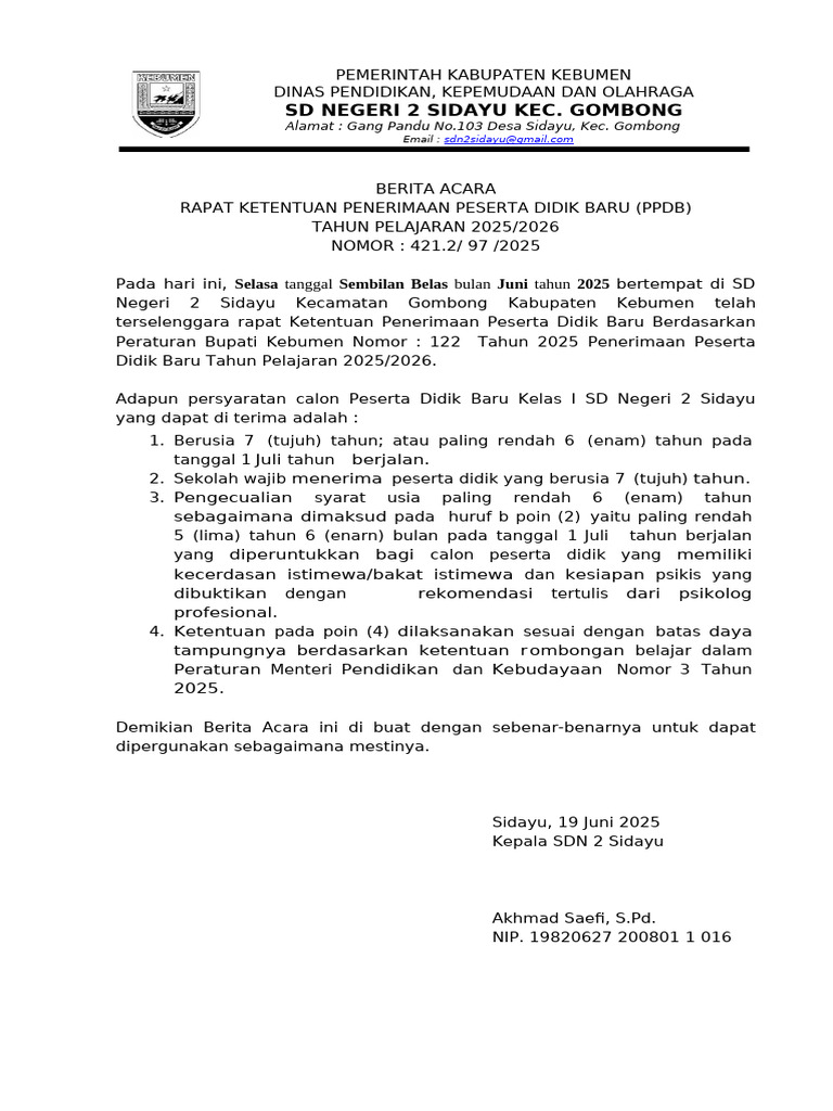 PPDB SD Negeri 2 Sidayu 2025/2026 | PDF