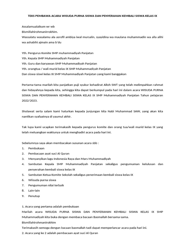 Teks Pembawa Acara Kelulusan Dan Wisuda Puna Siswa Kelas Ix | PDF