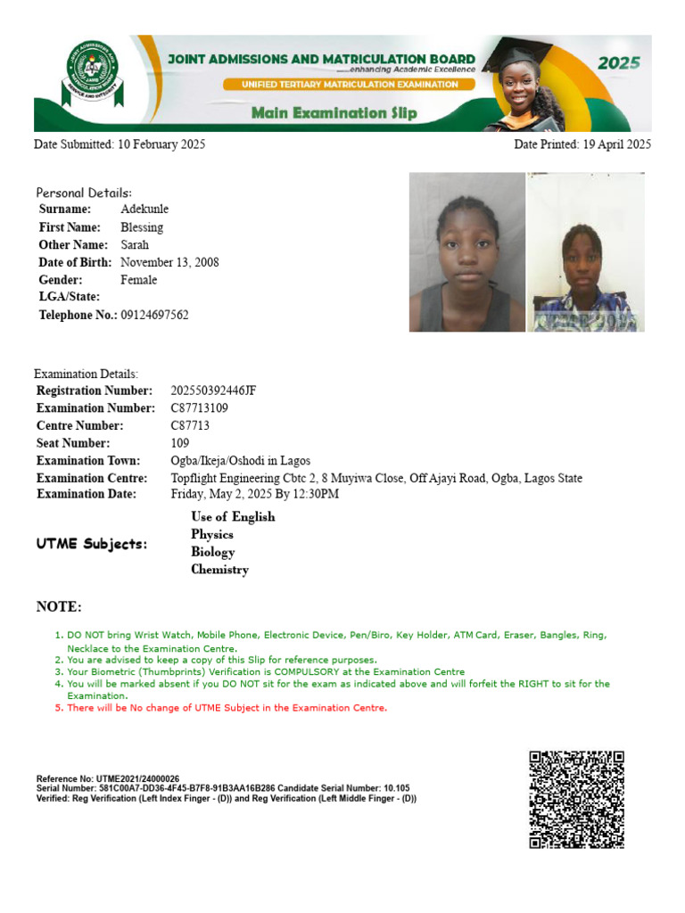 Adekunle Blessing Main Slip | PDF