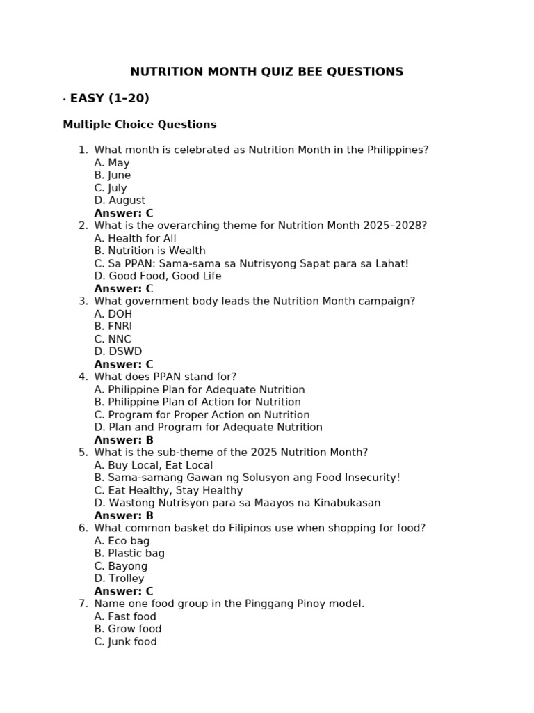 Nutrition Month Quiz Bee Questions | PDF | Food Security | Nutrition