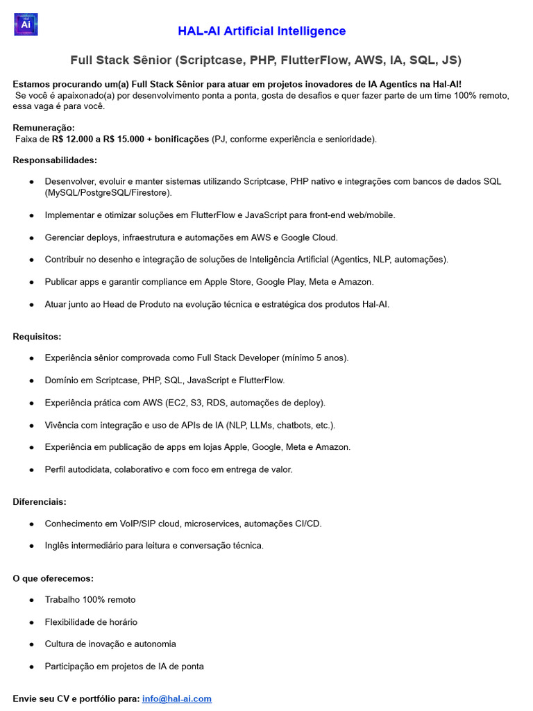 Full Stack Sênior (Scriptcase, PHP, FlutterFlow, AWS, IA, SQL, JS) | PDF