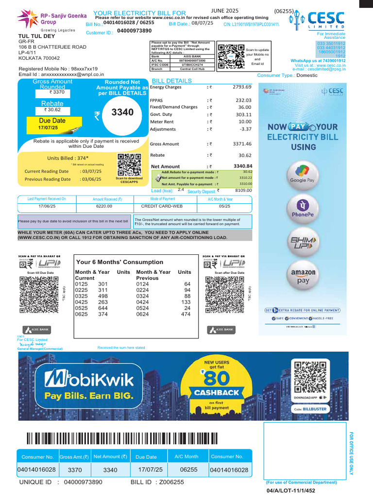 CESC Unit Rate and Bill Details 2025 | PDF | Payments | Money