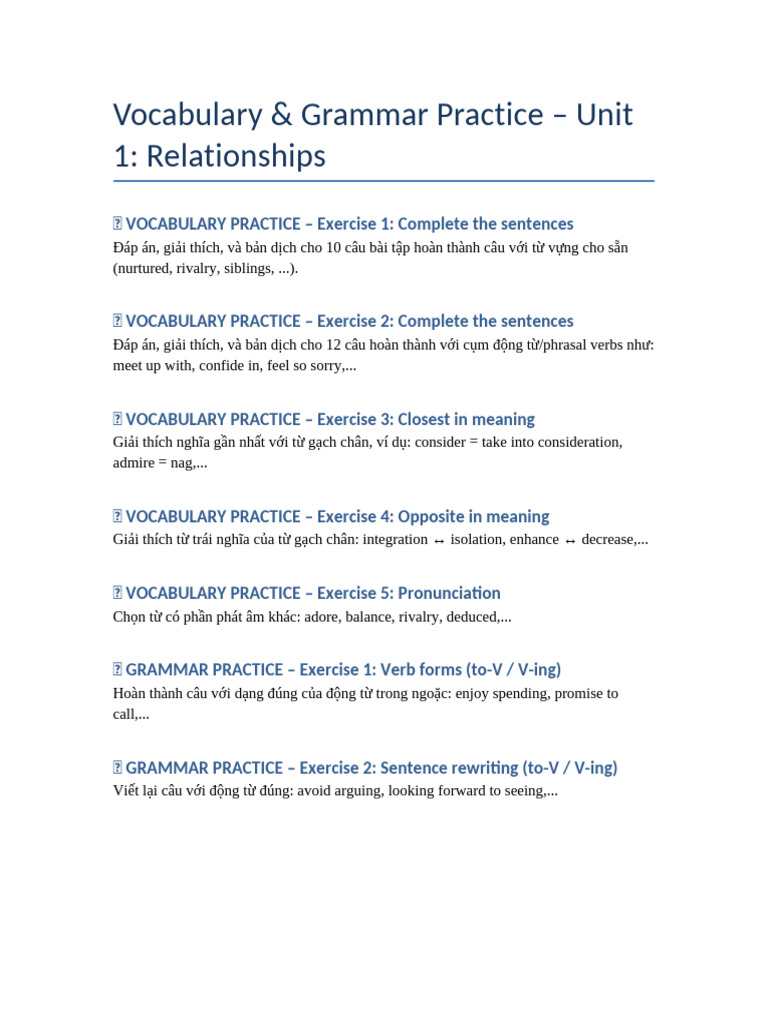 Vocabulary Grammar Unit1 Elena | PDF