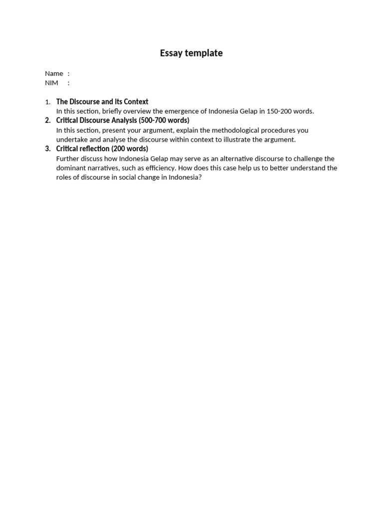 Essay Template - Intro To Discourse | PDF
