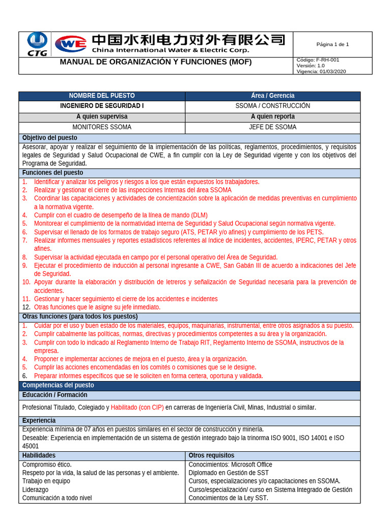 CWE-MOF - INGENIERO DE SEGURIDAD - Revision 1 | PDF | Seguridad y salud ocupacional
