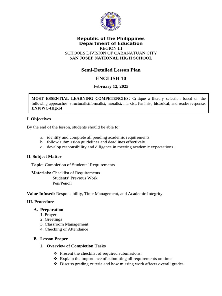 Completing Academic Requirements in English 10 | PDF | Lesson Plan ...