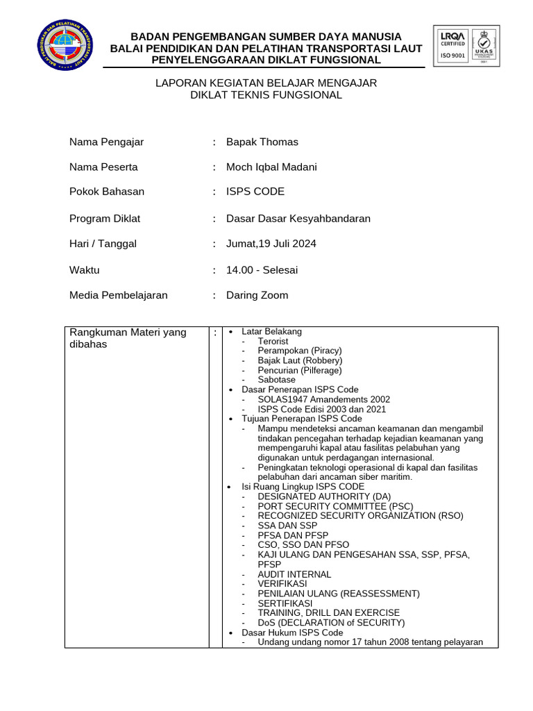 Laporan Peserta Diklat Kesyahbandaran Moch Iqbal Madani Isps Code | PDF