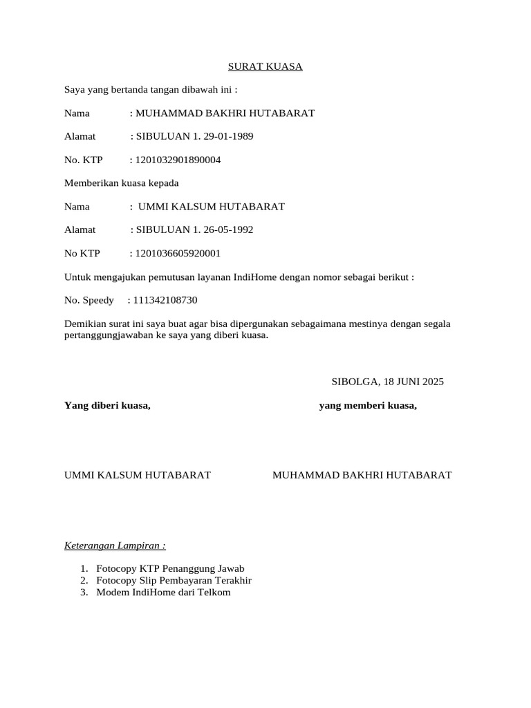Surat Kuasa Indihome | PDF
