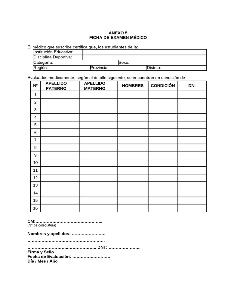 03.05. Anexo 5-Ficha de Examen Médico | PDF | Justicia | Crimen y violencia