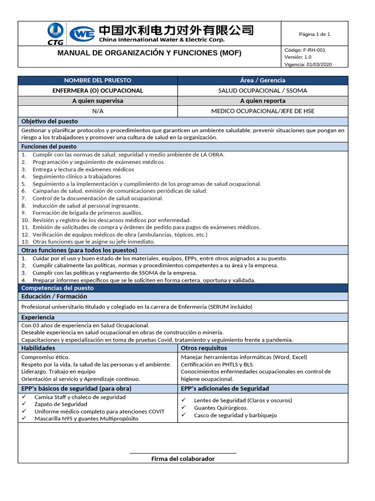 CWE-MOF-Enfermero Ocupacional | PDF | Seguridad y salud ocupacional | Enfermería
